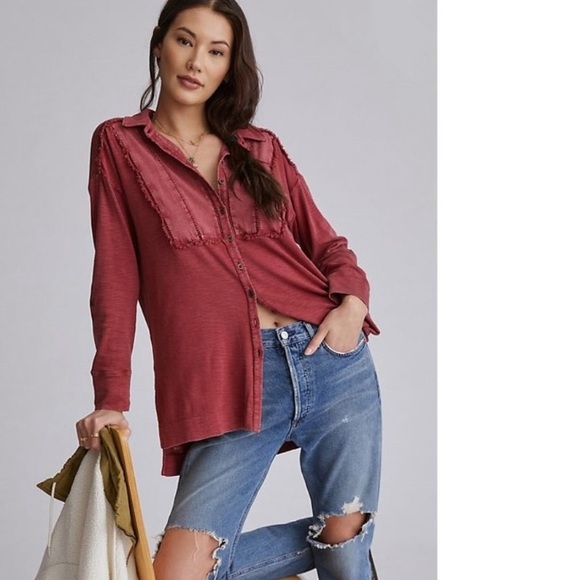 Anthropologie | Tops | Anthropologie Pilcro Frayed Wine Tunic Buttondown Small J74 | Poshmark